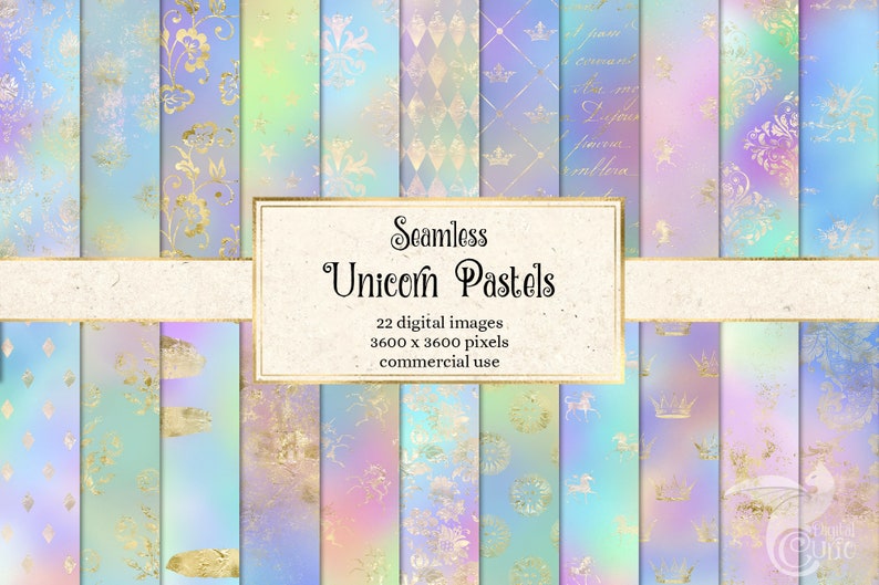 Unicorn Pastel Digital Paper Seamless Rainbow and Gold - Etsy