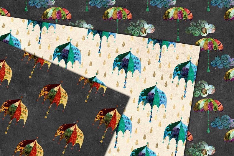 Collage Umbrella Digital Paper, Seamless Raindrop Patterns (digital ...