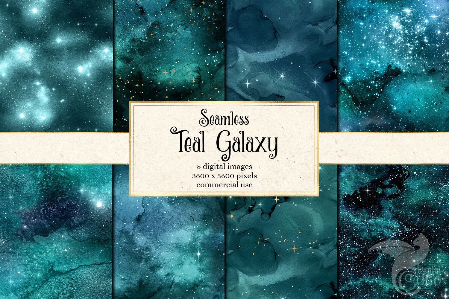 Teal Galaxy Digital Paper – Seamless Watercolor Texture, Gold Stars ...