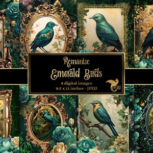 Romantic Emerald Birds Journal Paper, Notebook Digital Paper Rococo ...