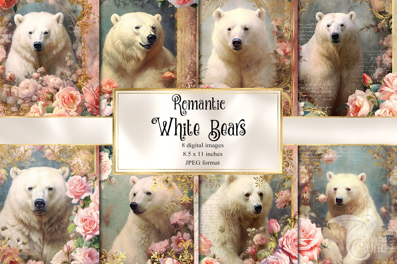 Romantic White Bear Digital Paper, Roses Rococo Style (8.5x11 Inch ...