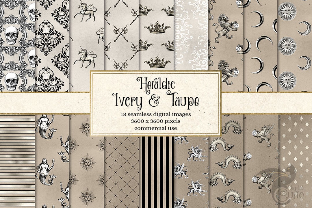 Heraldic Ivory and Taupe Digital Paper, Seamless Heraldry Patterns ...