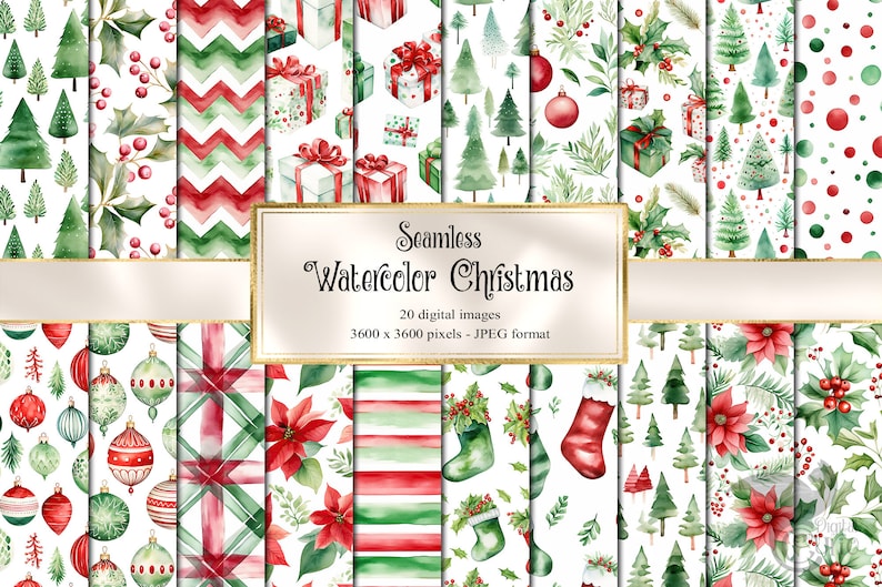 Watercolor Christmas Paper, Seamless Holiday Patterns (digital Download ...