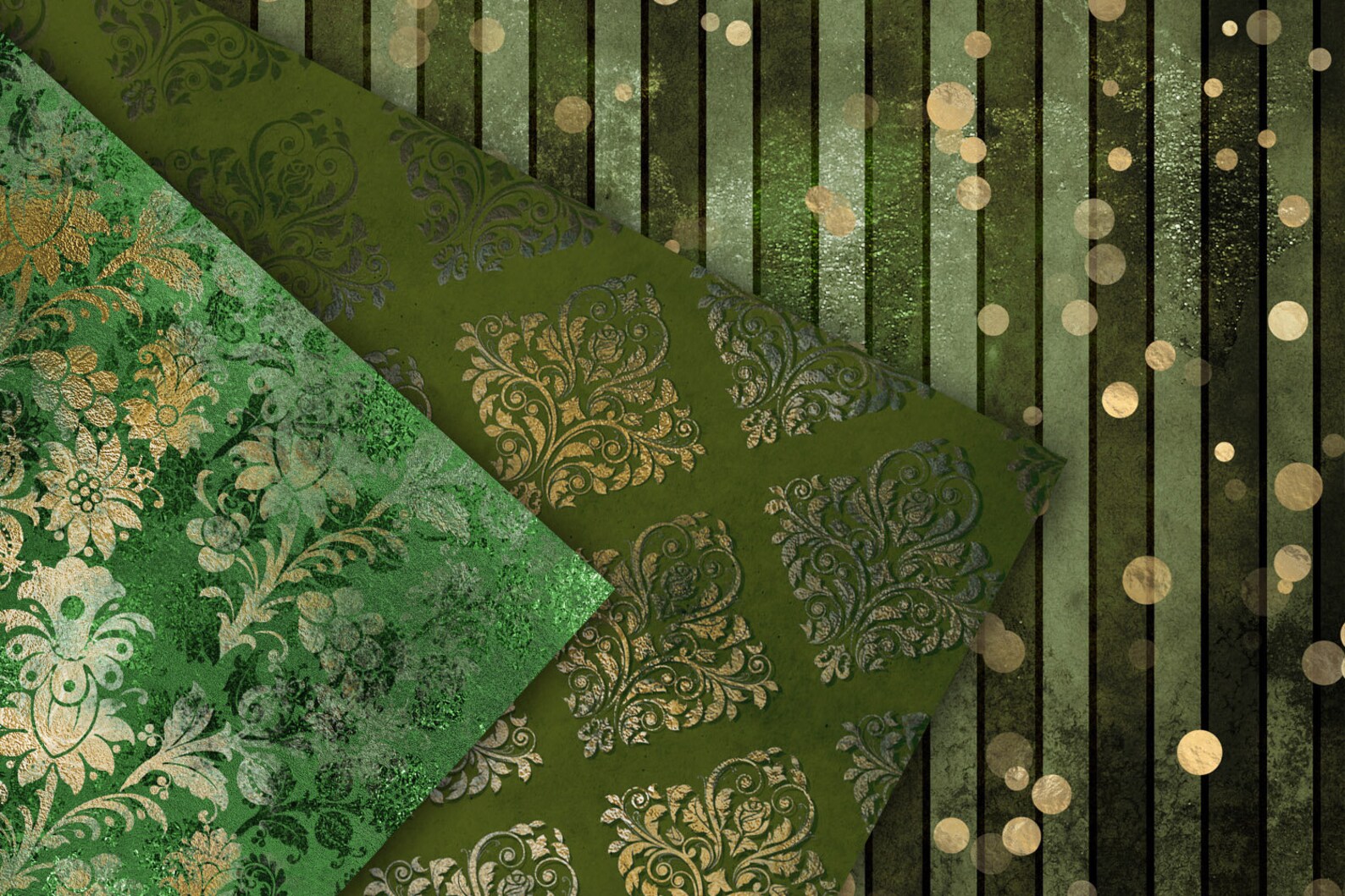 Distressed Green and Gold Digital Paper, Damask Textures (digital ...