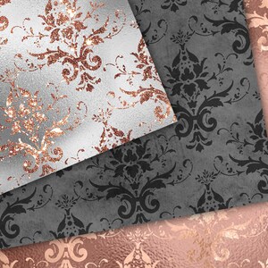 Gray and Rose Gold Damask Digital Paper, Seamless Silver Glitter and ...