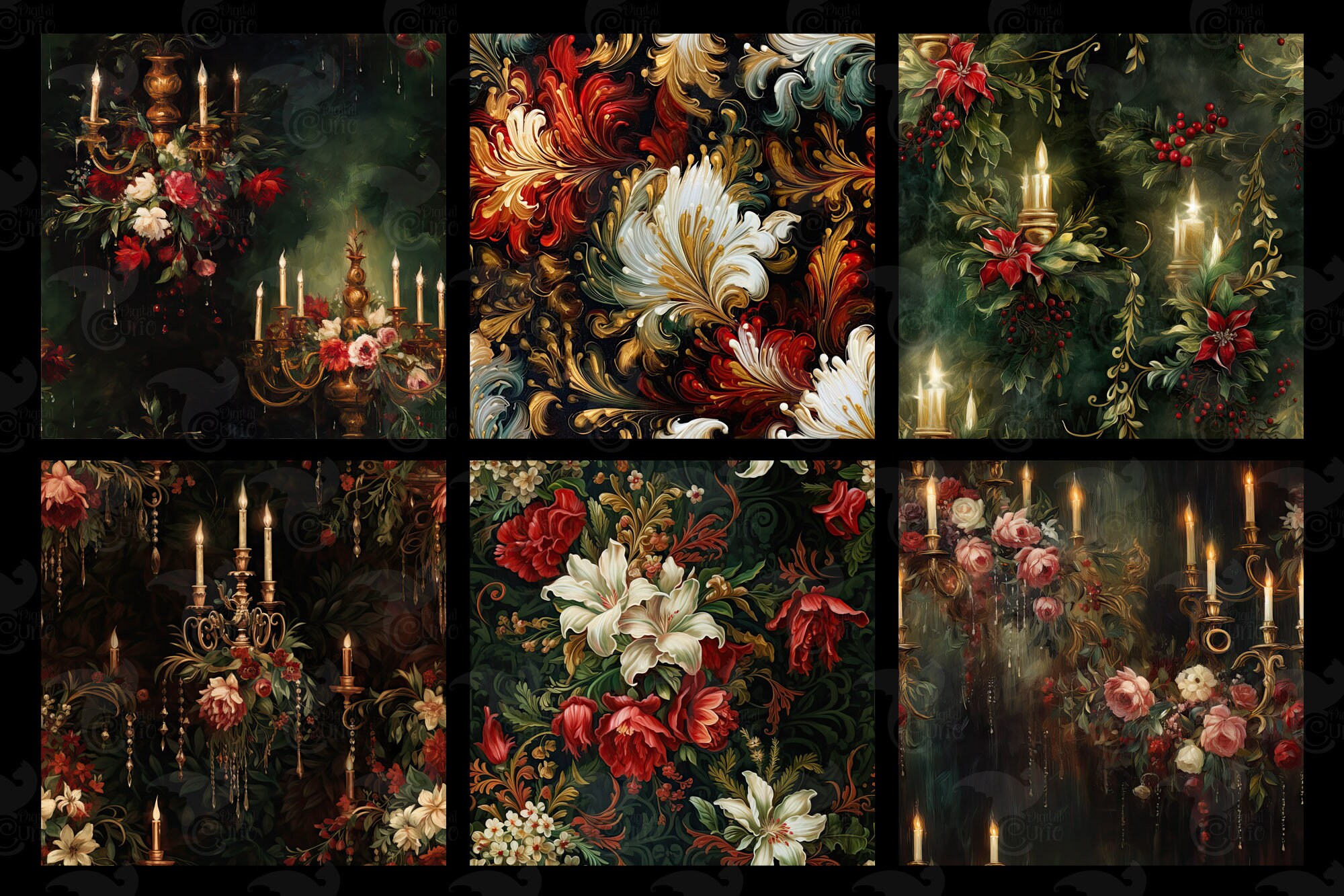 Dark Fantasy Christmas Digital Paper, Gothic Floral Textures (seamless ...