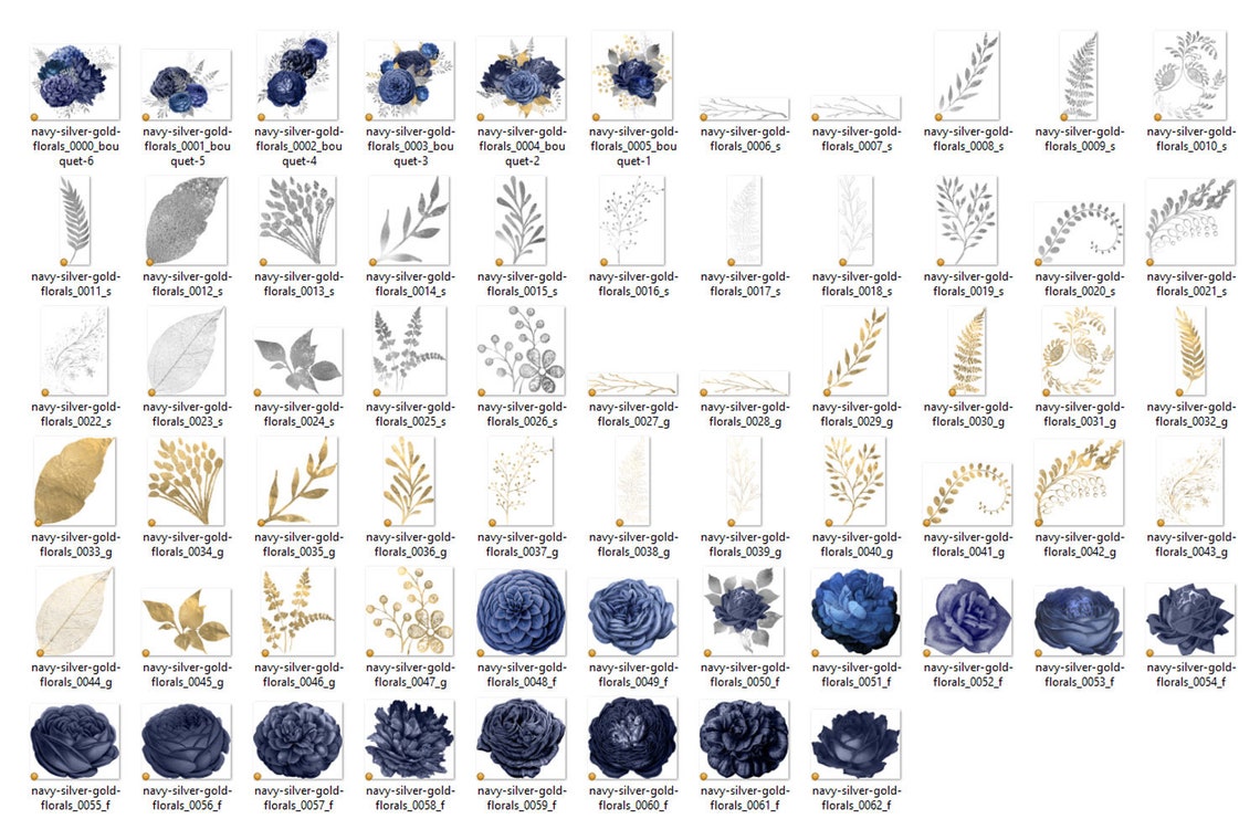 Navy Silver and Gold Floral Clipart Bouquets and Botanical - Etsy