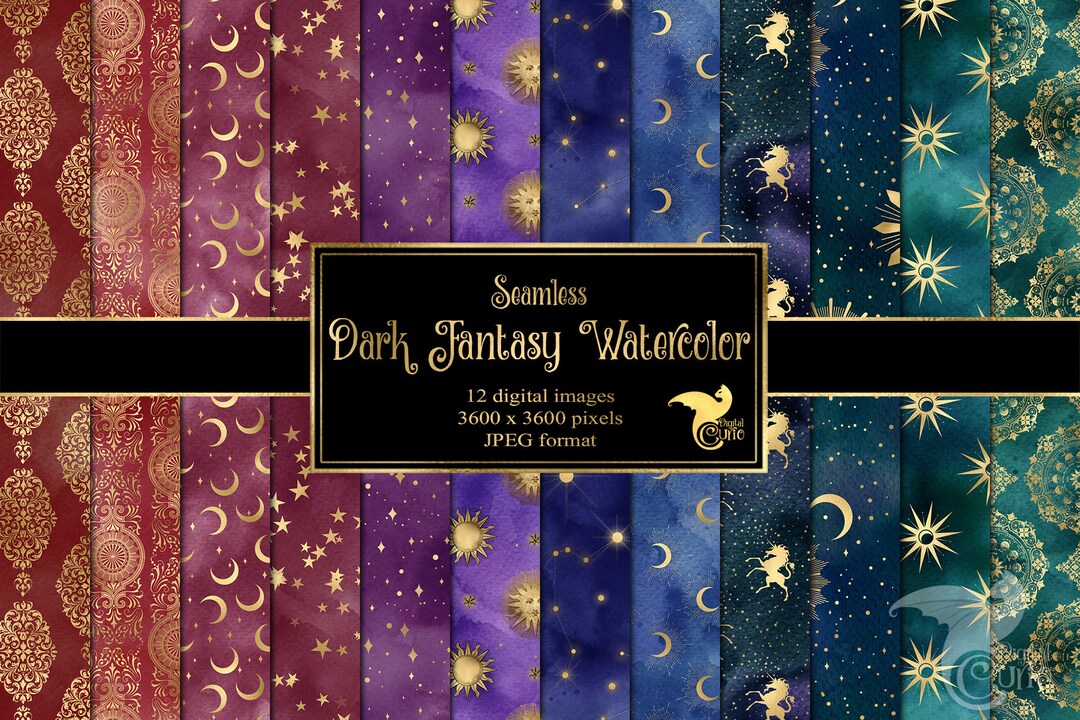 Dark Fantasy Watercolor Digital Paper - Seamless Mystic Celestial ...