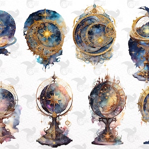 Watercolor Astrolabe Clipart - Fantasy Magic Celestial Watercolor PNG ...