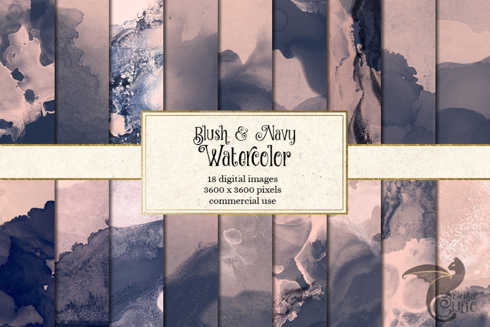 Blush and Navy Watercolor Digital Paper Pink and Blue Ink | Etsy