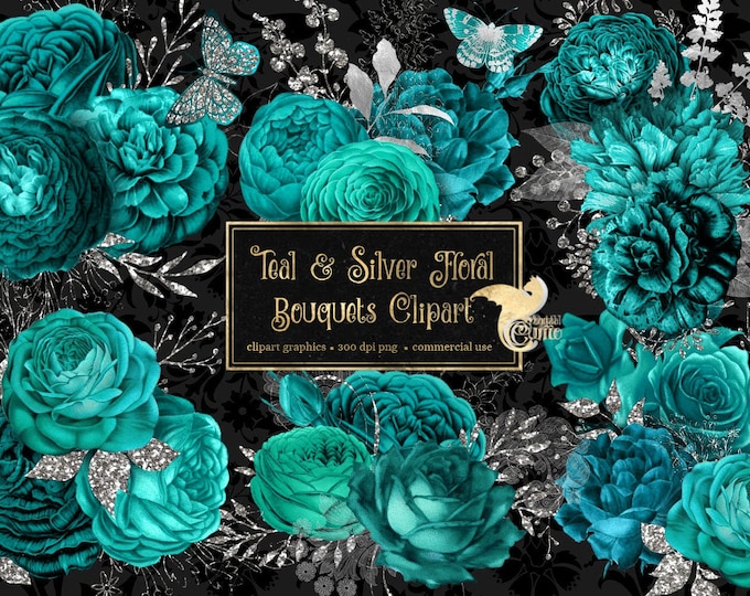 Printable Teal and Silver Floral Digital Papers, Turquoise Rose Page ...