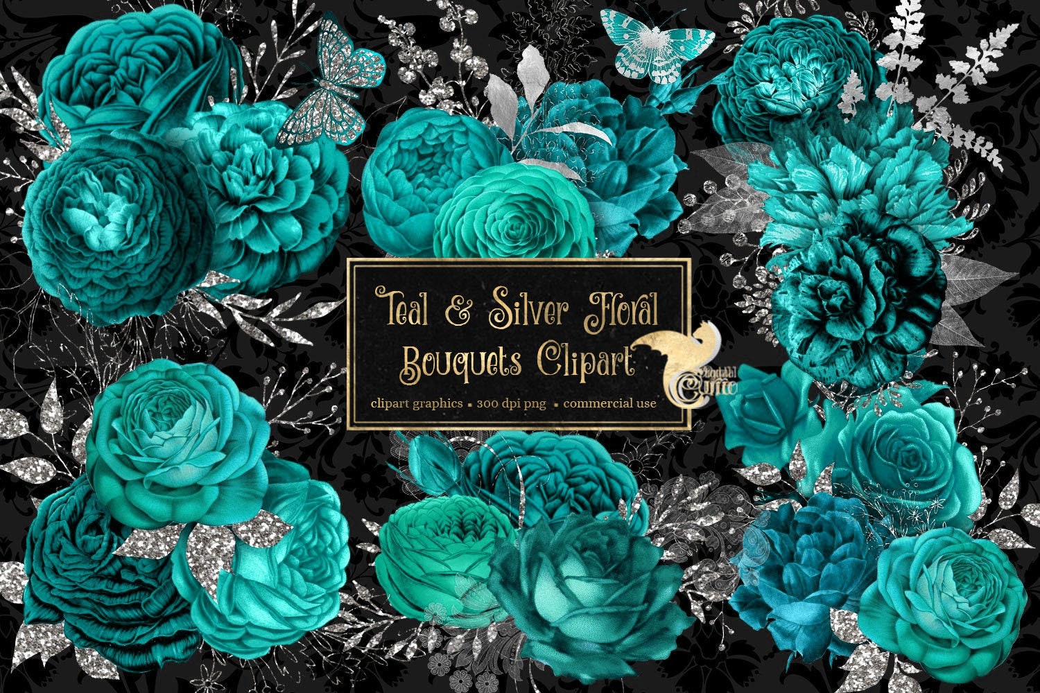Teal and Silver Floral Clip Art Rustic Silver Glitter - Etsy