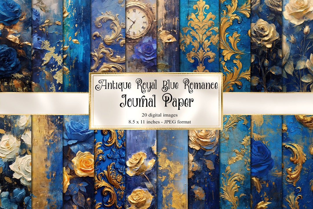 Antique Royal Blue Romance Journal Paper, Notebook Digital Paper Rococo ...