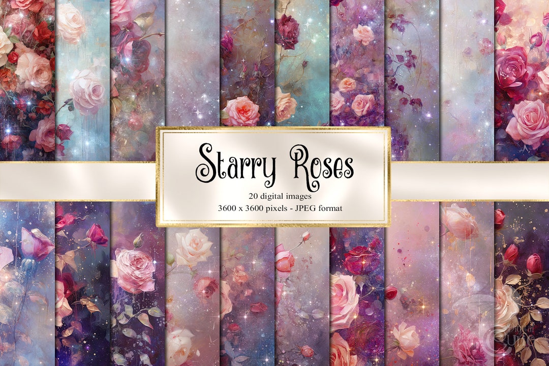 Starry Roses Digital Paper, Celestial Romantic Floral Digital Paper Fantasy Scrapbook Pages ...