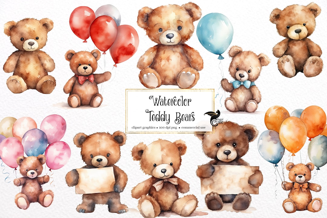 Watercolor Teddy Bears Clipart - Cute Teddy Bear Toys PNG Format ...