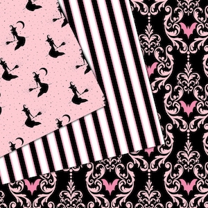 Pink and Black Halloween Digital Paper, Seamless Witch and Skull Gothic ...