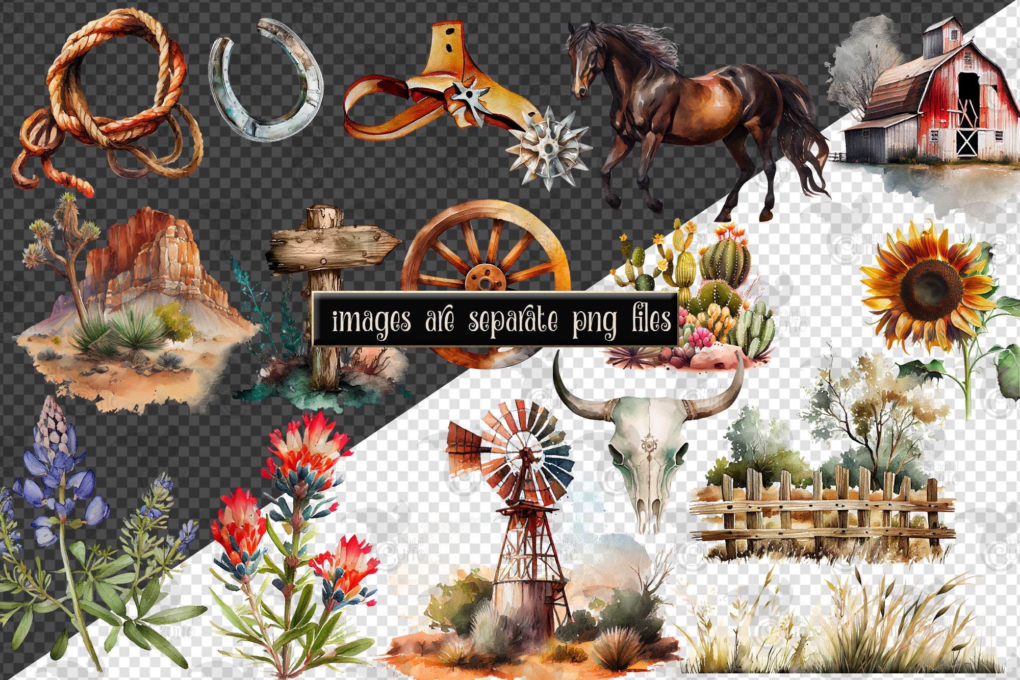Watercolor Western Clipart - Texas Cowboy Ranch PNG Format Instant ...