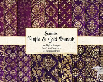 Purple and Gold Damask Digital Paper: Seamless Scrapbook Patterns ...