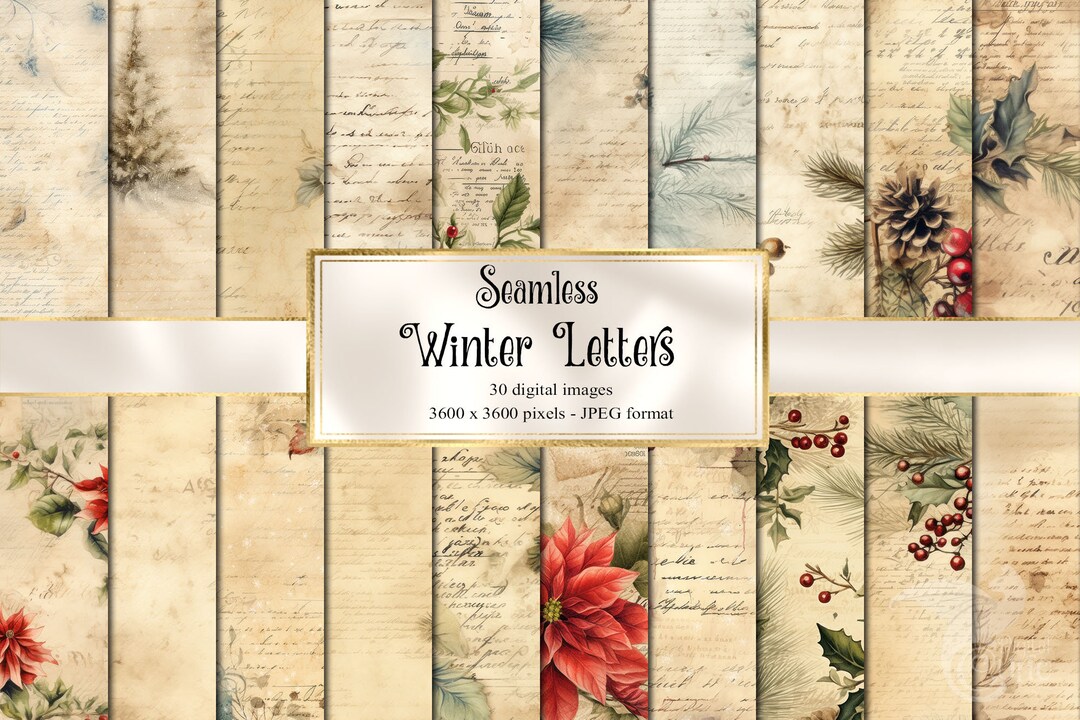 Winter Letters Digital Paper, Christmas Botanical Printable Vintage ...