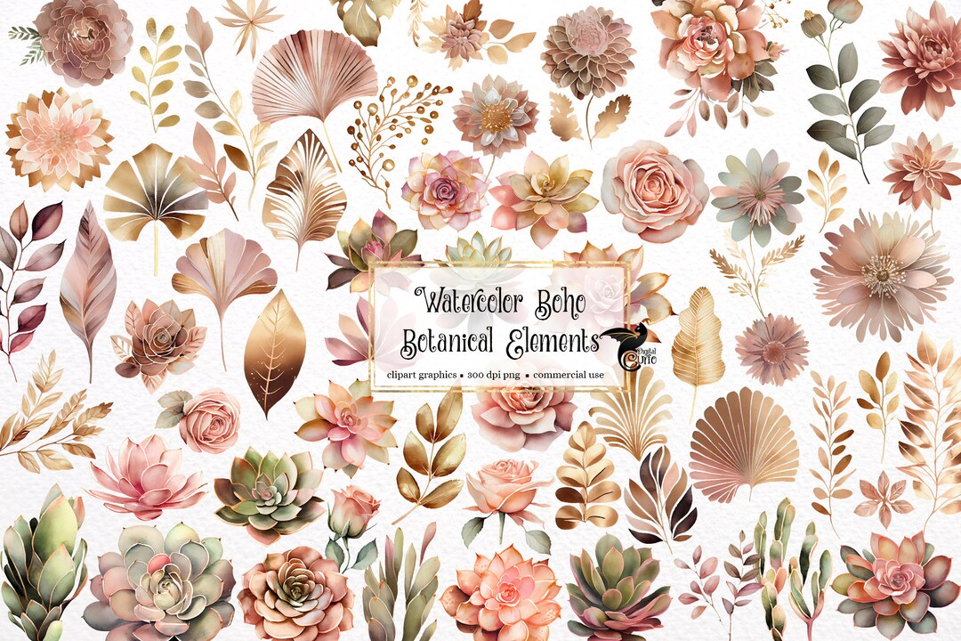 Watercolor Boho Botanical Elements Clipart - Floral Wedding PNG Format ...