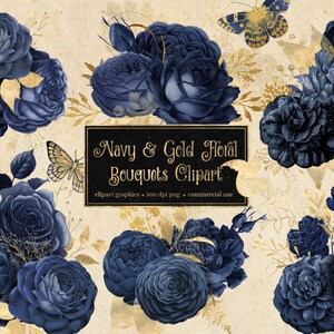 Navy and Gold Floral Clip Art, Digital Instant Download Painted ...