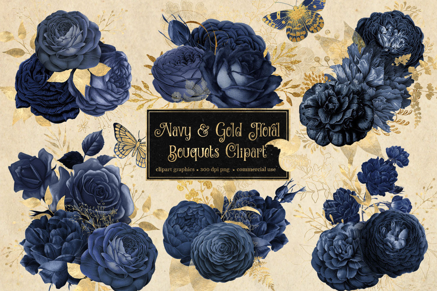 Navy and Gold Floral Clipart, Watercolor Rose Bouquets (digital ...
