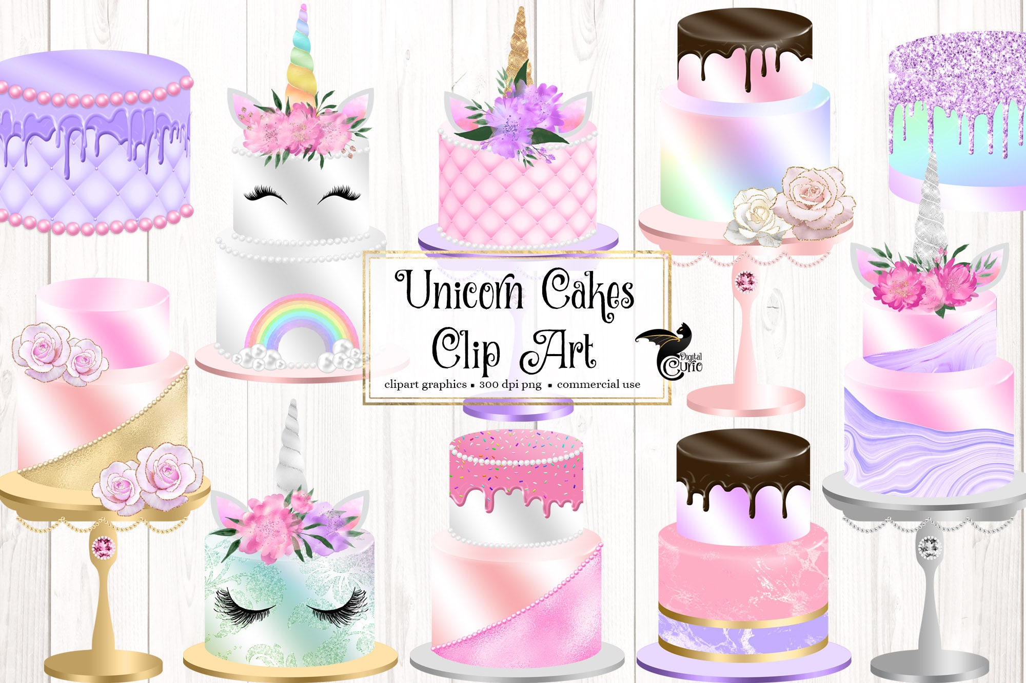 Unicorn Cakes Clipart Magical Rainbow Pastel and Gold Foil - Etsy