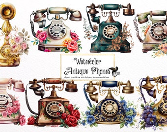 Watercolor Antique Telephones Clipart – Floral Shabby Phone PNG ...