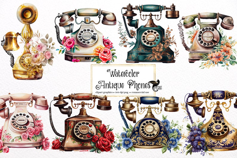 Watercolor Antique Telephones Clipart Vintage Floral Shabby - Etsy