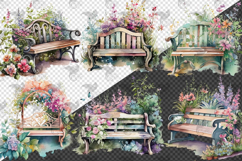 Watercolor Garden Benches Clipart Park Bench PNG Format - Etsy