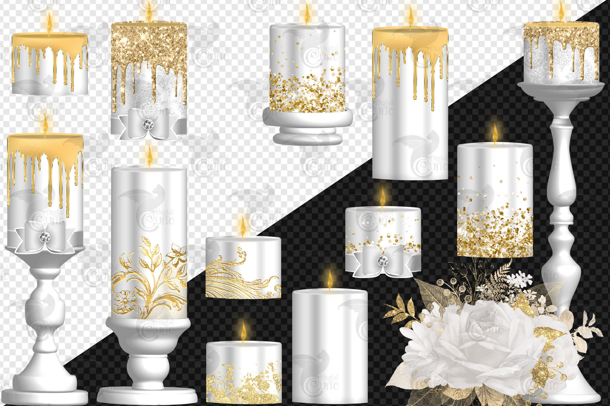 White and Gold Candle Clipart – Glitter and Foil Graphics (digital ...