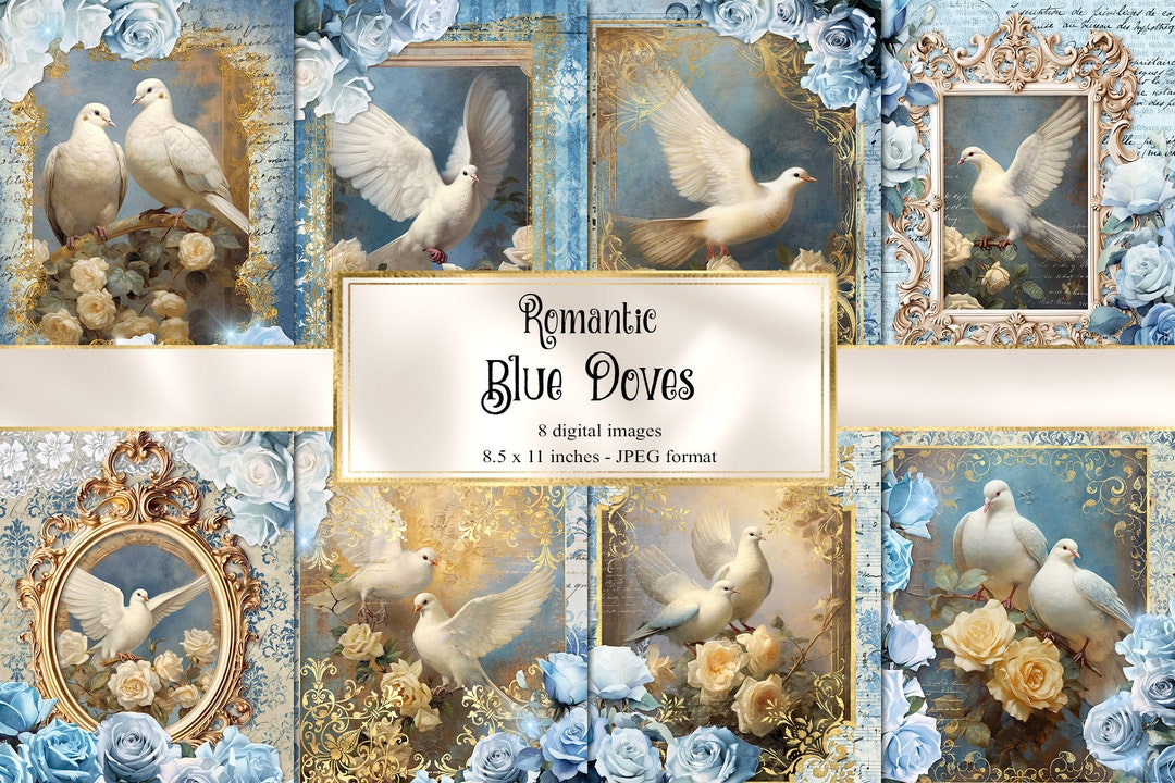 Romantic Blue Doves Journal Paper, Notebook Digital Paper Rococo Junk ...