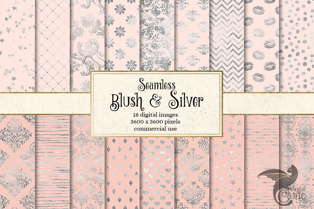 Blush and Silver Digital Paper, Seamless Peach Pink and Silver Foil ...
