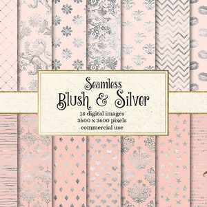 Blush and Silver Digital Paper, Seamless Peach Pink and Silver Foil ...