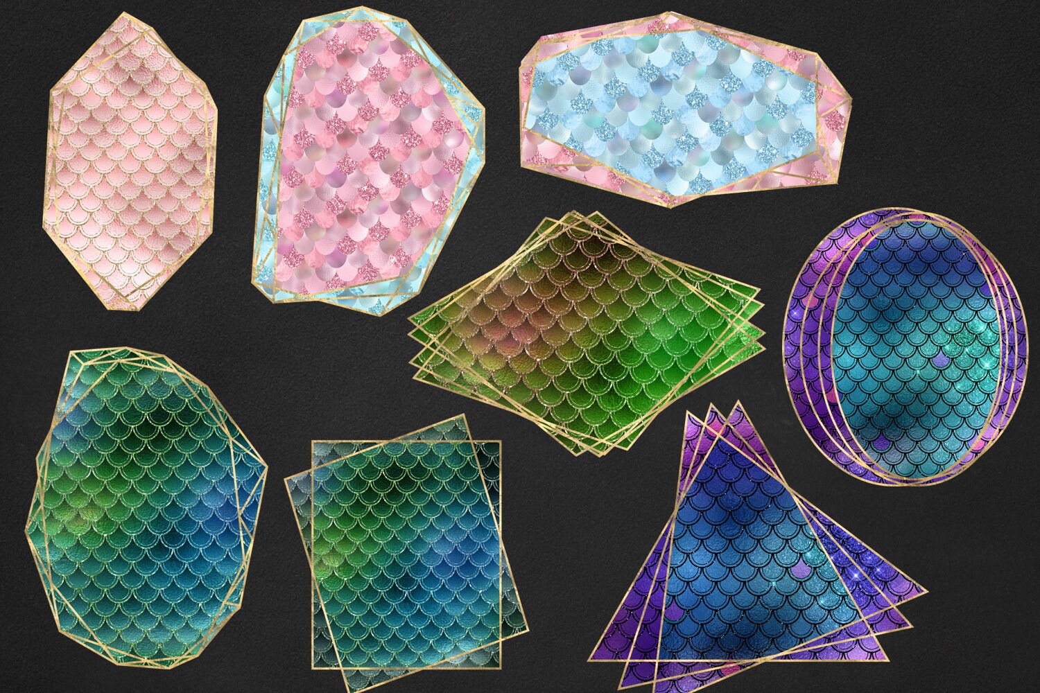 Mermaid Polygonal Frames Clipart geometric gold frames with | Etsy