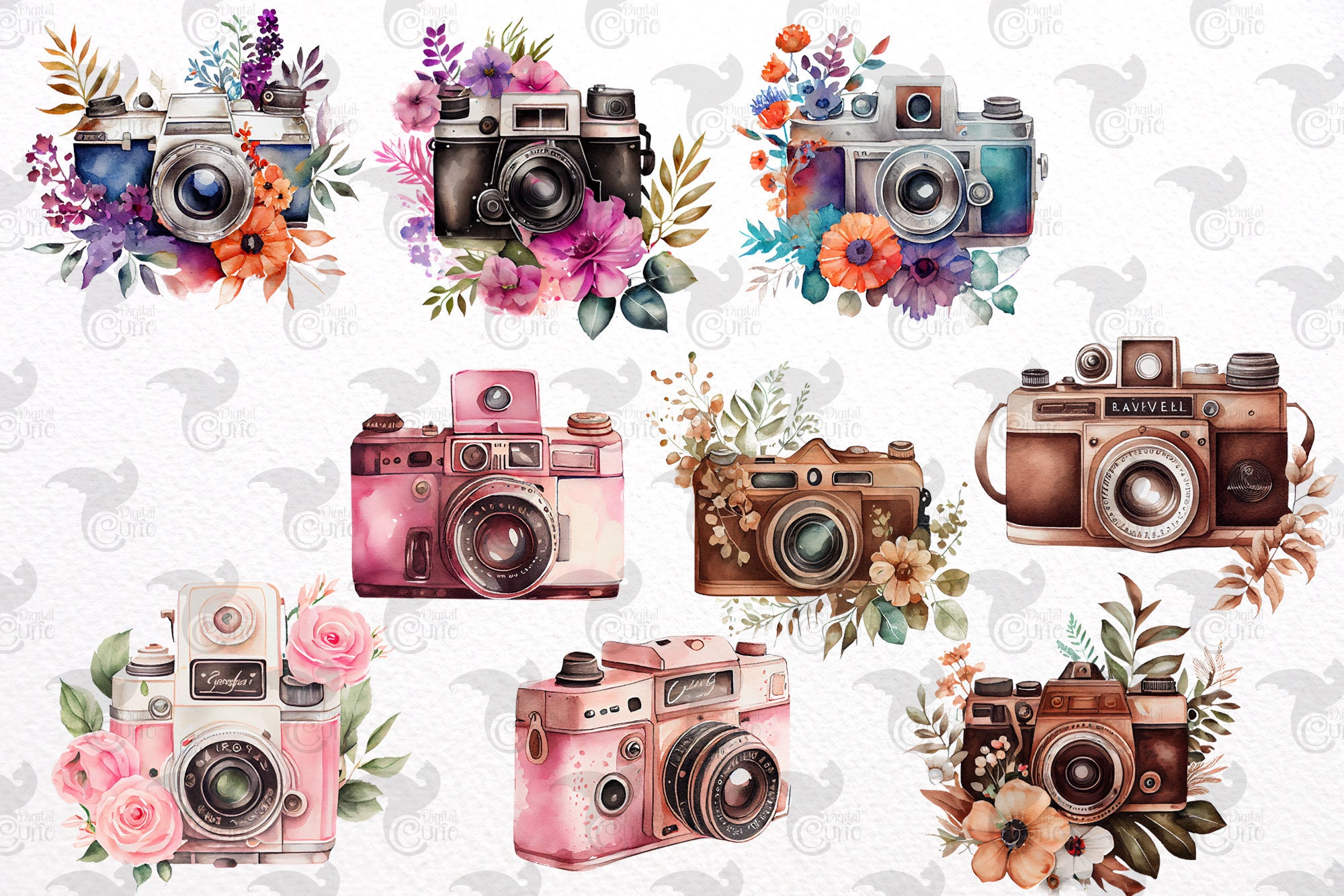Watercolor Retro Cameras Clipart Vintage Floral Shabby - Etsy UK
