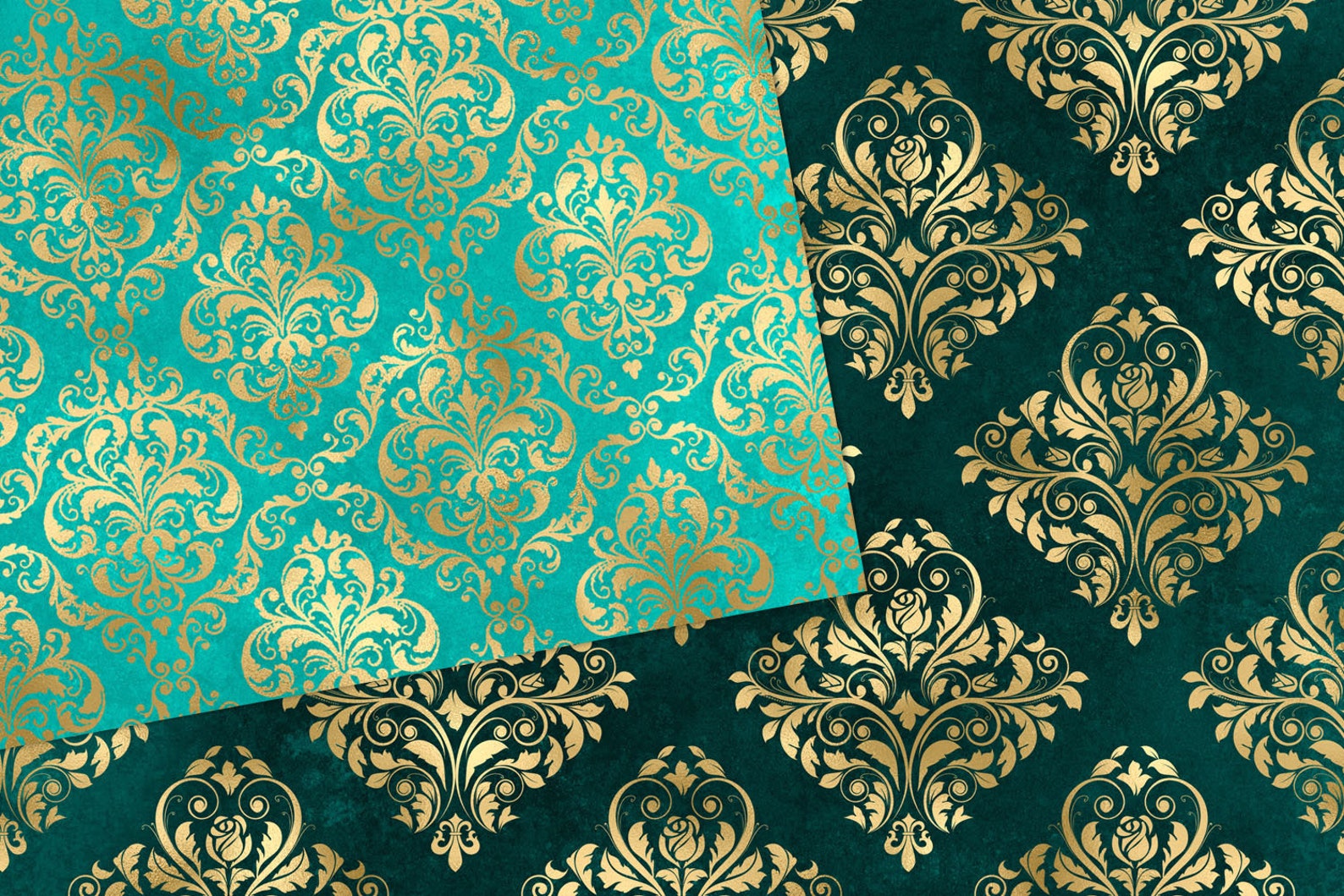 Turquoise and Gold Damask Digital Paper, Seamless Damask Patterns ...
