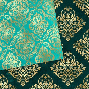 Turquoise and Gold Damask Digital Paper, Seamless Damask Patterns ...