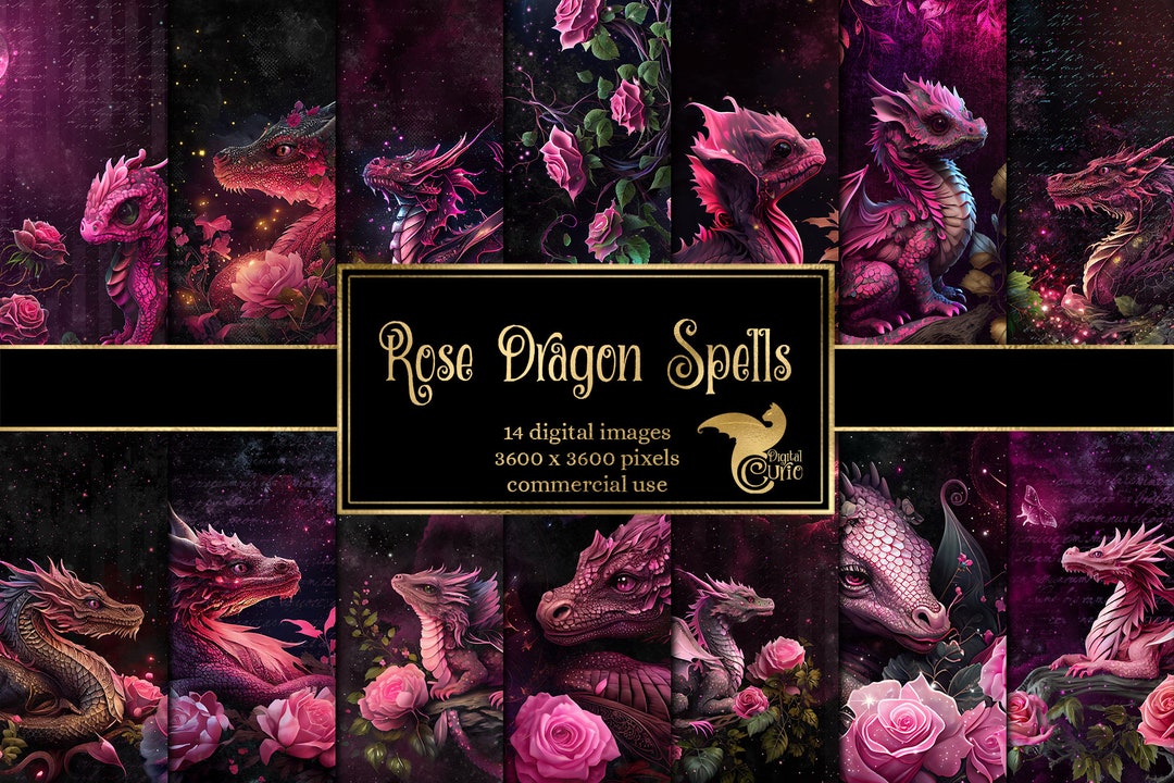 Rose Dragon Spells Digital Paper - Dark Galaxy Magic Floral Grunge ...