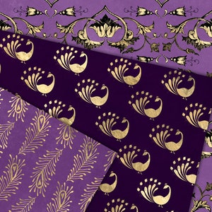 Purple and Gold Peacock Digital Paper, Seamless Gold Peacock Patterns ...