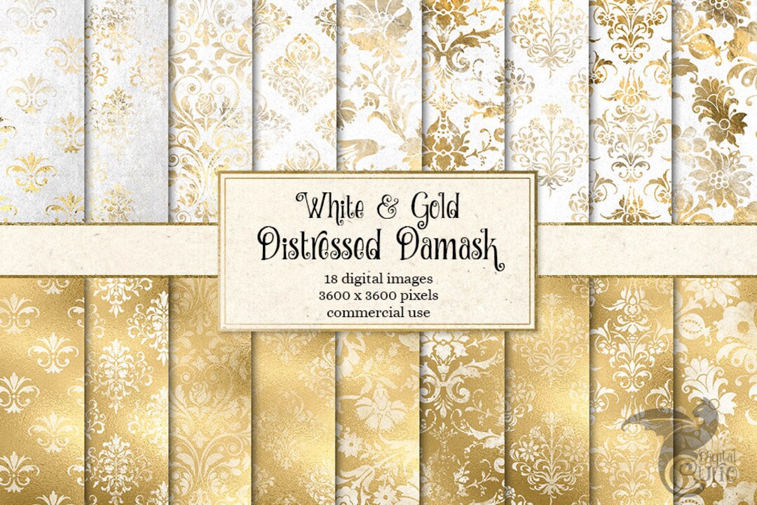 White and Gold Distressed Damask Digital Paper (digital Download) - Etsy