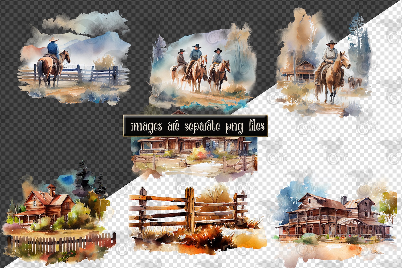 Watercolor Ranch Landscape Clipart – Western Scenes PNG (digital ...