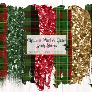 Christmas Plaid and Glitter Brush Strokes Clipart, in Digital PNG ...