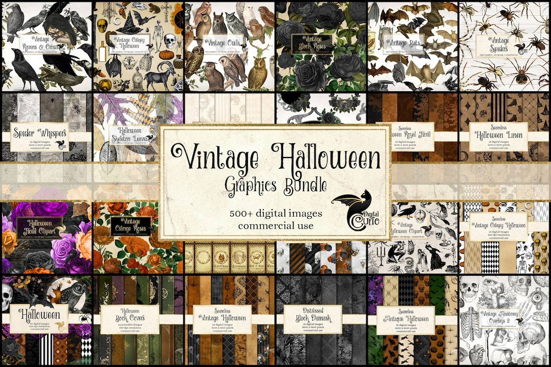 Vintage Halloween Graphics Bundle, Discount Clipart and Digital Paper ...