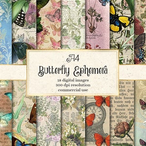 A4 Butterfly Ephemera Digital Paper, Vintage Textures Old Newspaper ...