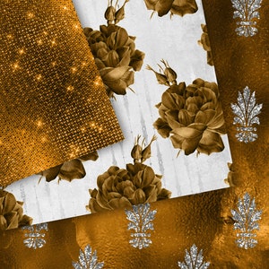 Copper and Silver Floral Digital Paper, Seamless Orange Rose Printable ...