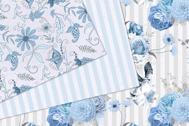 Blue Floral Digital Paper, Seamless Flower Backgrounds (digital ...