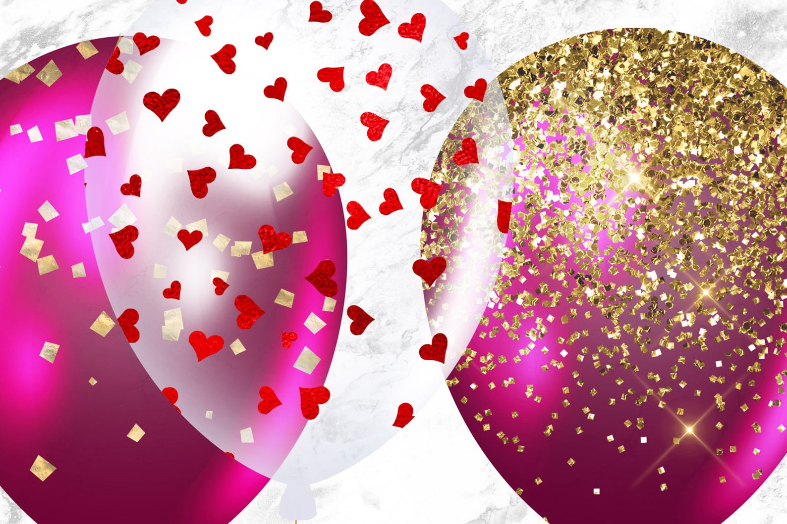 Valentine's Day Balloons Clipart, Glitter Heart PNG Overlays (digital ...