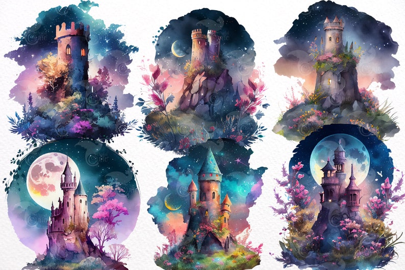 Watercolor Fantasy Castles Clipart Cute Castle Night Scenery - Etsy ...