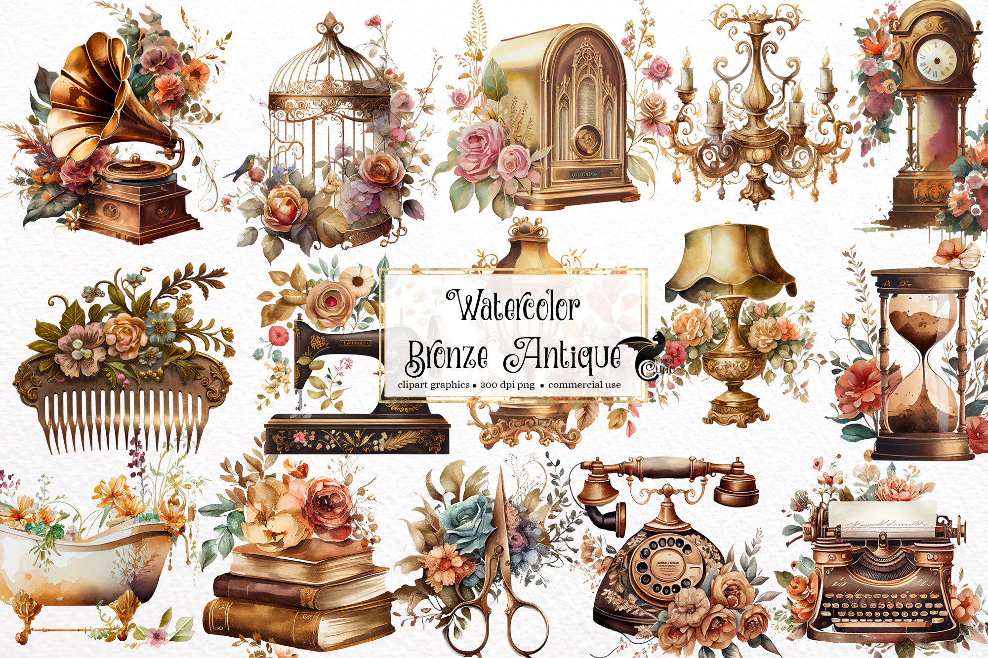 Watercolor Bronze Antique Clipart Vintage Shabby PNG Format - Etsy